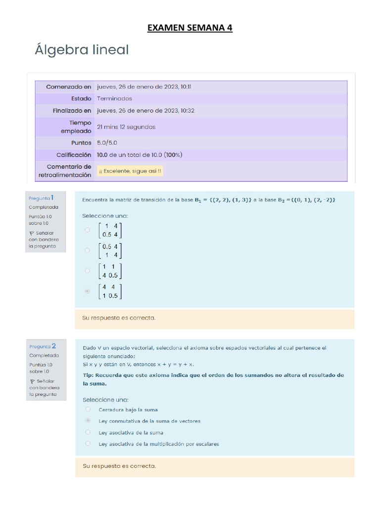 Examen Algebra Lineal Semana 4 | PDF Examen Algebra Lineal Semana 4 | PDF