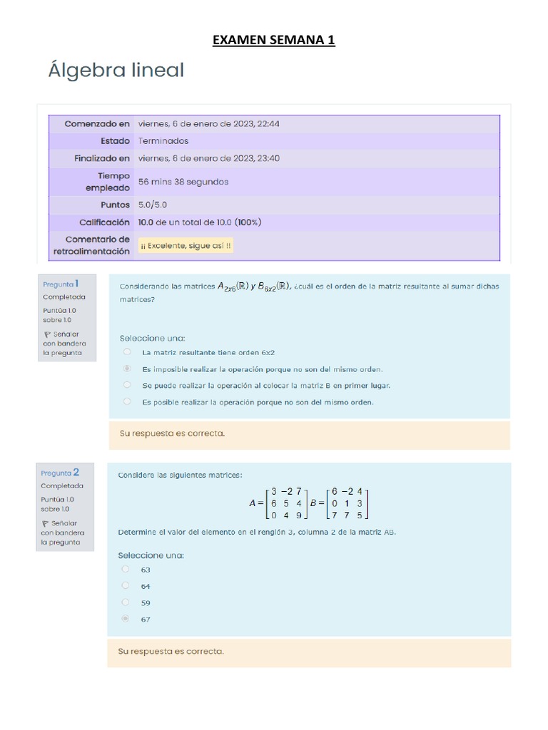 Examen Algebra Lineal Semana 1 | PDF Examen Algebra Lineal Semana 1 | PDF