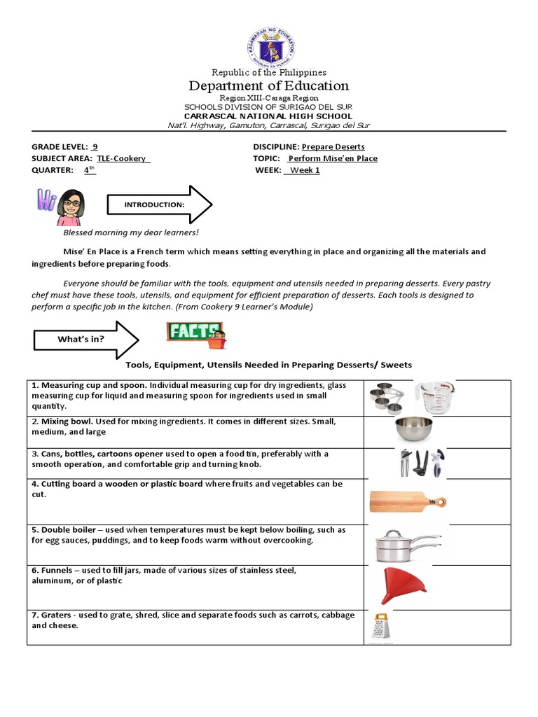 LAS - TLE 9 Cookery-4th Qtr-Wek 1 | PDF | Knife | Kitchen Utensil