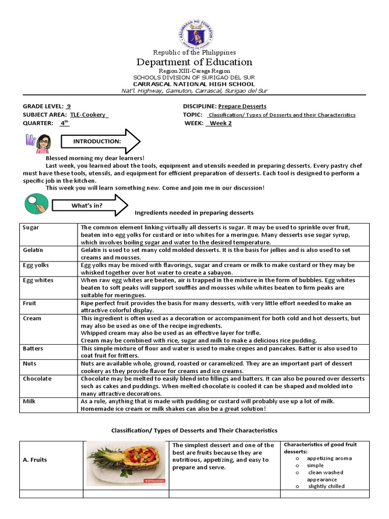 LAS - TLE 9 Cookery-4th Qtr-Wek 2 | PDF | Desserts | Pudding