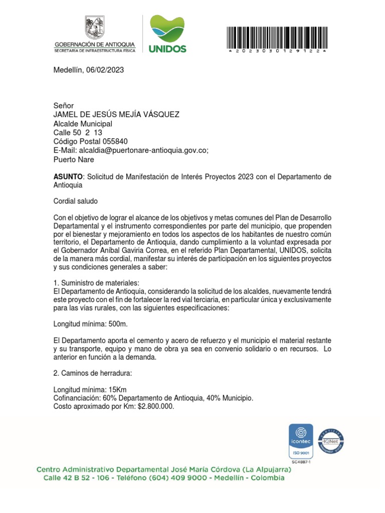 Medellín, 06/02/2023: ASUNTO: Solicitud de Manifestación de Interés ...