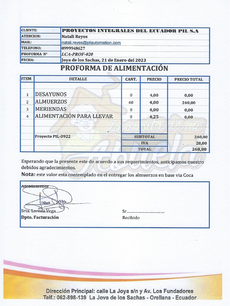 Proforma de Movilizacion de Almuerzos | PDF