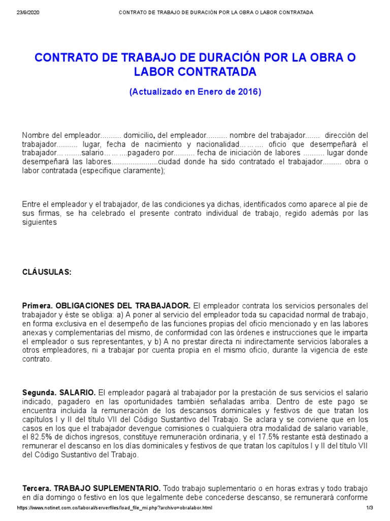 Contrato de Trabajo de Duración Por La Obra o Labor Contratada | PDF ...