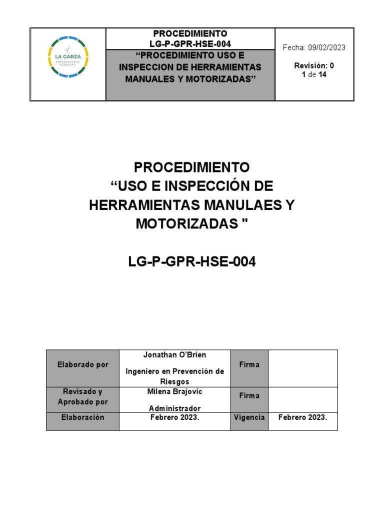 P-CC338-SE-003 Procedimiento Uso e Inspeccion de Herramientas Manuales Rev.0 | PDF ...