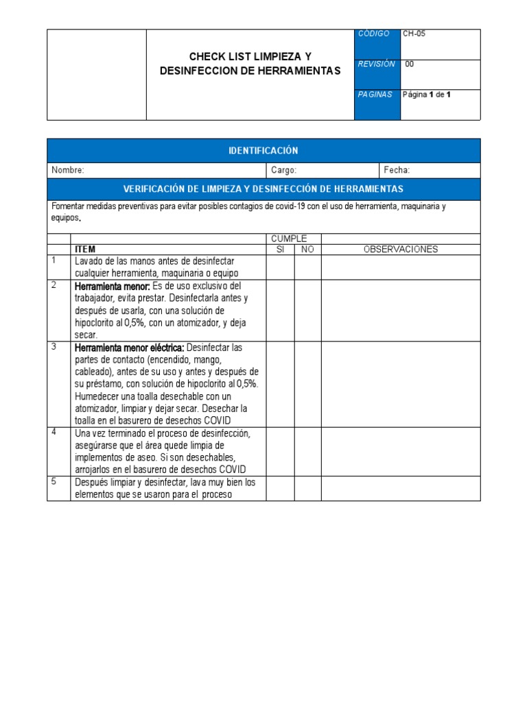 CH-05 Check List Limpieza y Desinfección de Herramientas | PDF