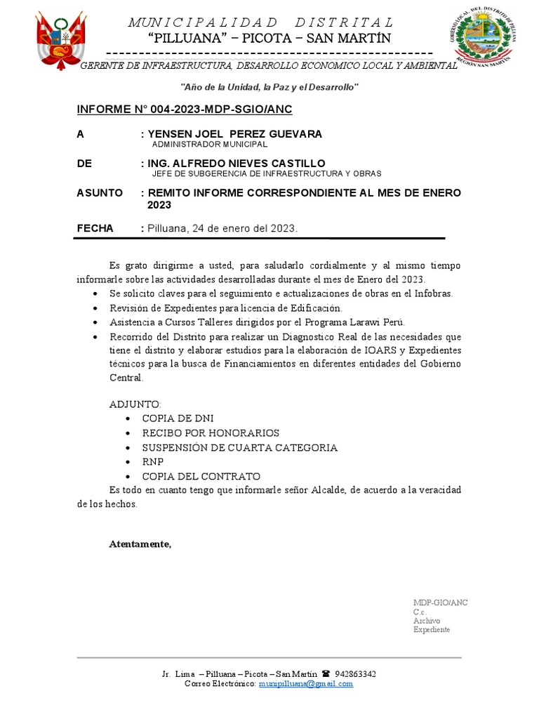 INFORME #004 - Solicito Pago Del Mes de Enero 2023 | PDF