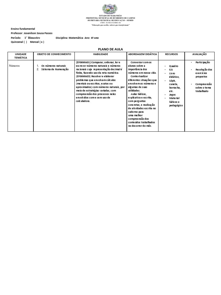 PLANO DE AULA 6 Ano | PDF | Pedagogia