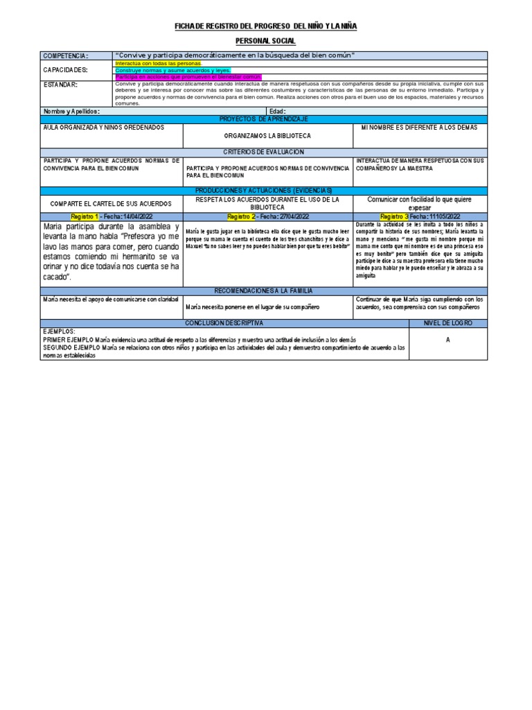 Ficha de Progreso Del Niño 2023 | PDF | Bien común | Evaluación