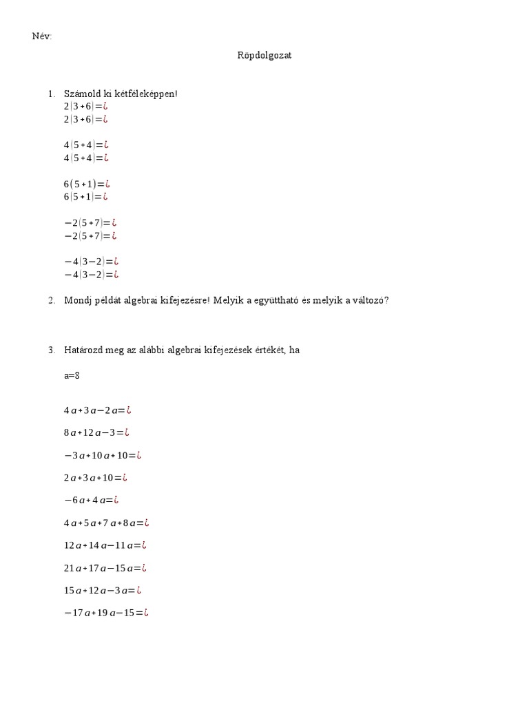 dolgozat 7. osztály | PDF