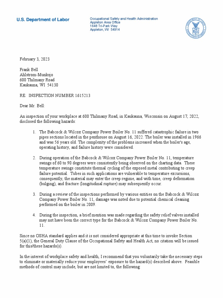 OSHA Letter Regarding Kaukauna Mill Death | PDF | Boiler | Reliability ...
