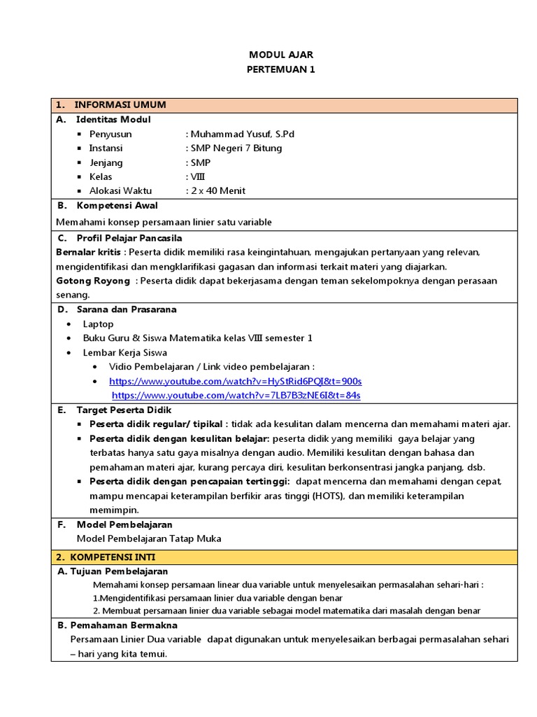 Modul Ajar SPLDV-1 | PDF