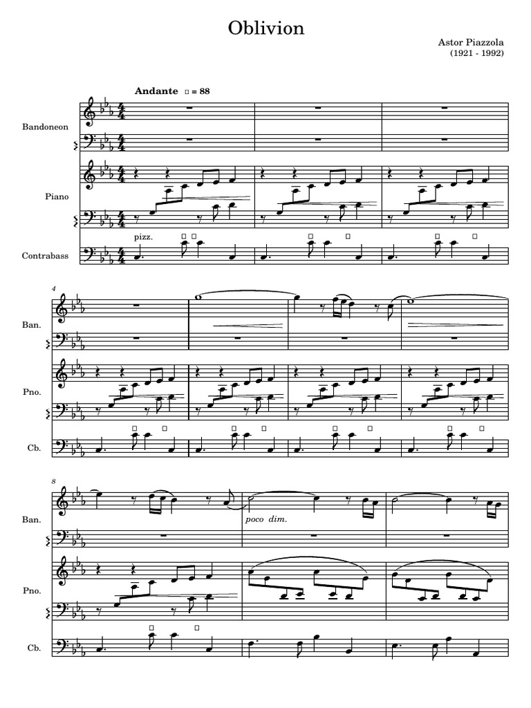 Oblivion Astor Piazzola Bandoneon Piano and Contrabass Arr | PDF ...
