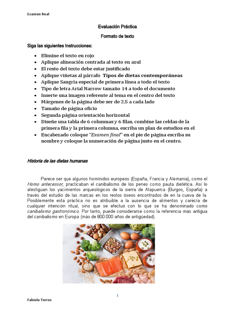 Instrucciones para Examen Final de Dietas | PDF | Dieta | Comida y bebida