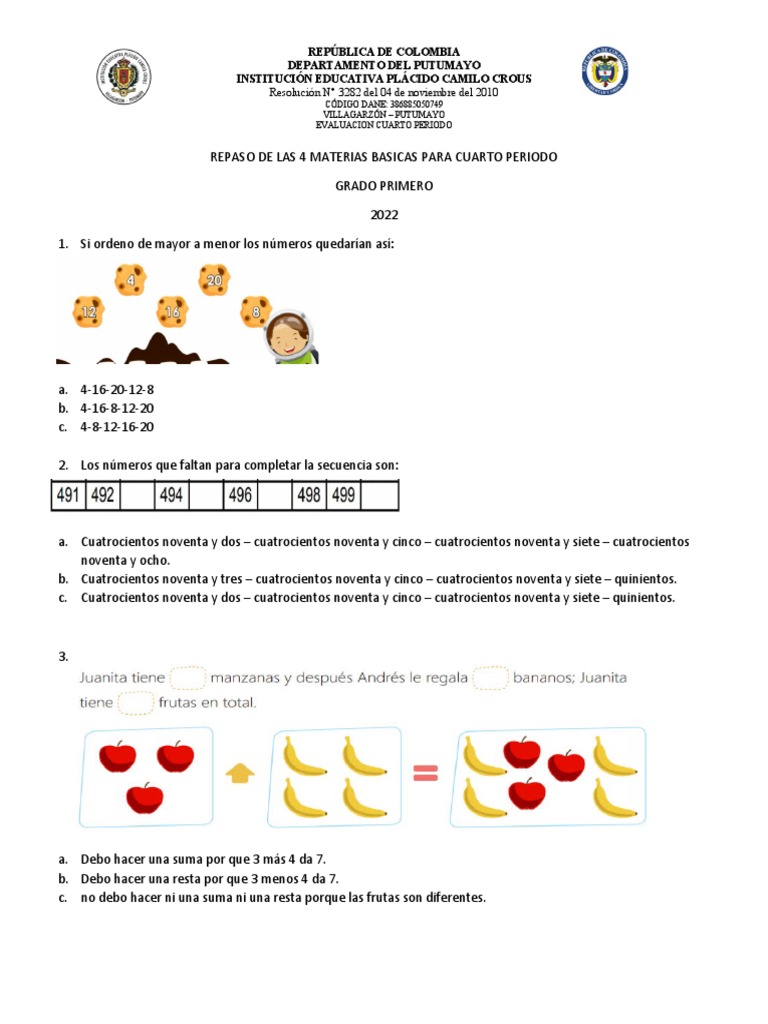 Repaso de Las 4 Materias Basicas para Cuarto Periodo | PDF | Colombia