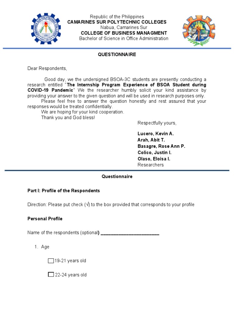 BSOA3C (Group2 Questionnaire) | PDF | Internship | Job Hunting