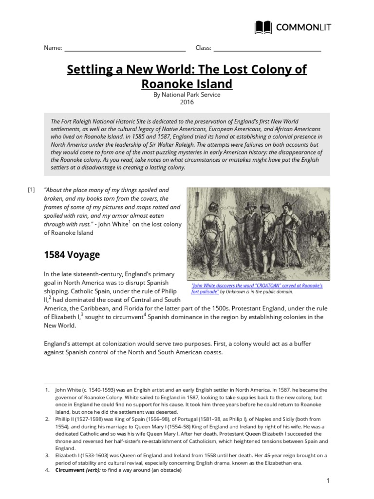 Commonlit - Settling A New World The Lost Colony of Roanoke Island ...