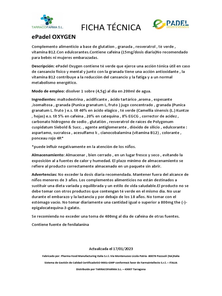 Ficha Tecnica Oxygen | Descargar gratis PDF | Té | Sustituto de azúcar
