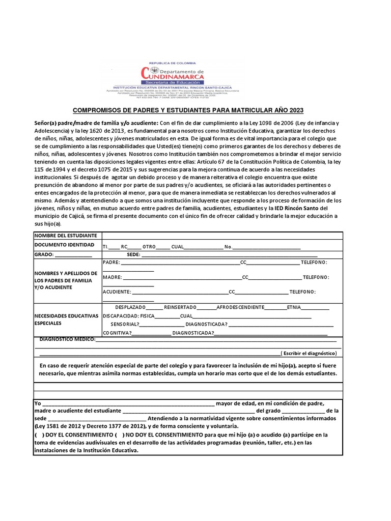 Compromisos de Padres para Matricular 2023 | PDF