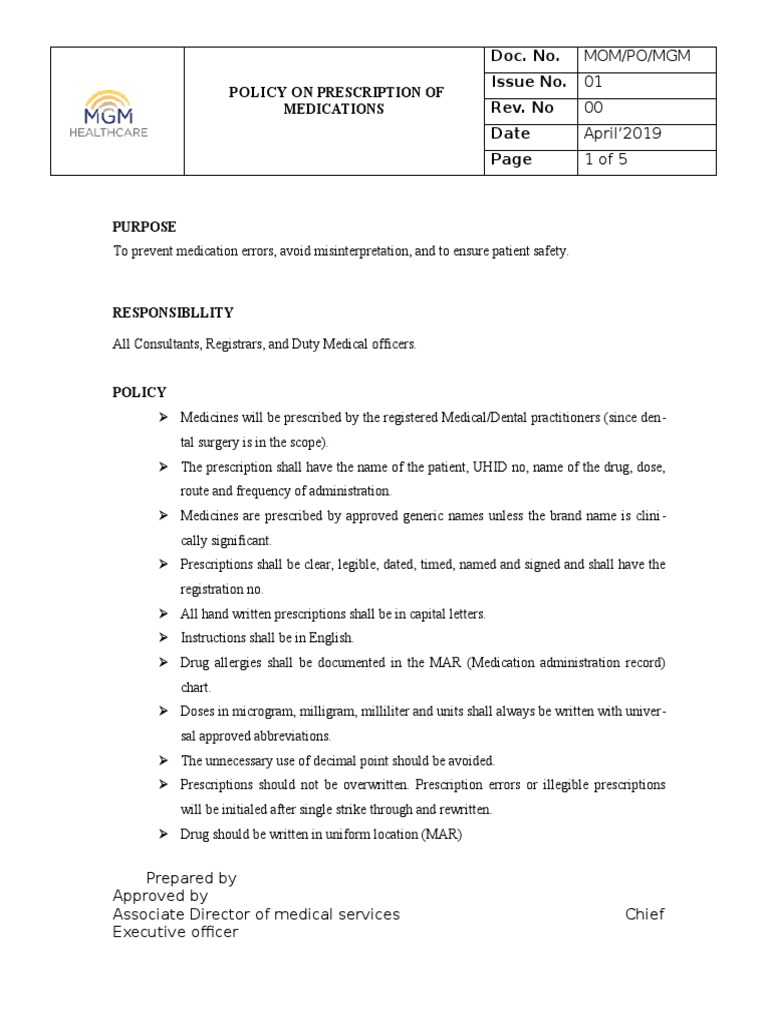 Policy On Prescription of Medications | PDF