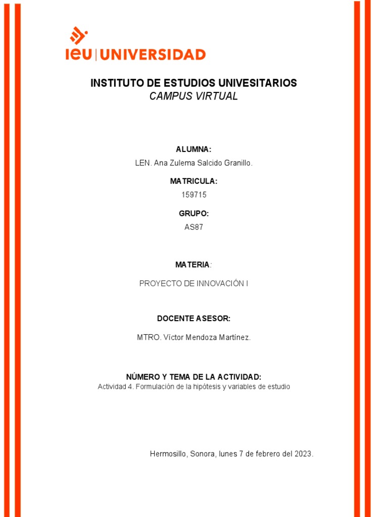Actividad 4. Formulación de La Hipótesis y Variables de Estudio | PDF ...