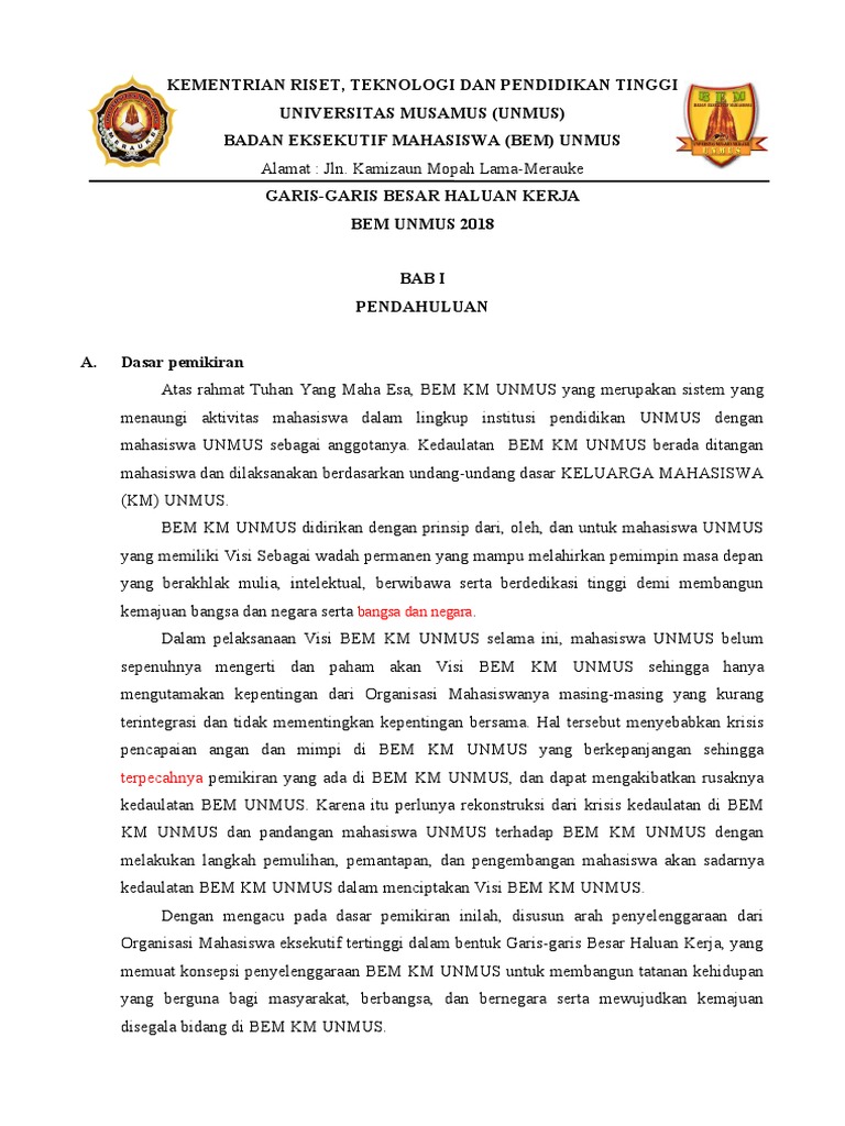 Garis Besar Haluan Kerja BEM UNMUS 2018 | PDF