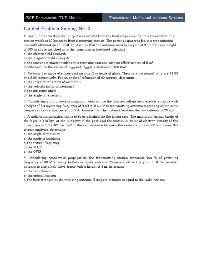 Guided Problem Solving On Transmission Media and Antenna System No. 3 | PDF