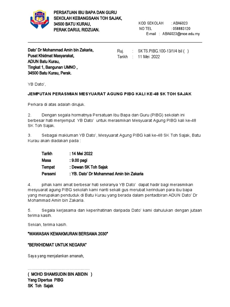 Surat Jemputan Perasmi Mat Pibg 2022 | PDF