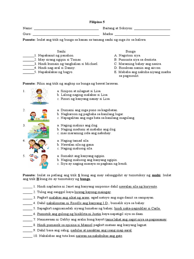 Filipino 5 - Sanhi at Bunga Worksheet | PDF