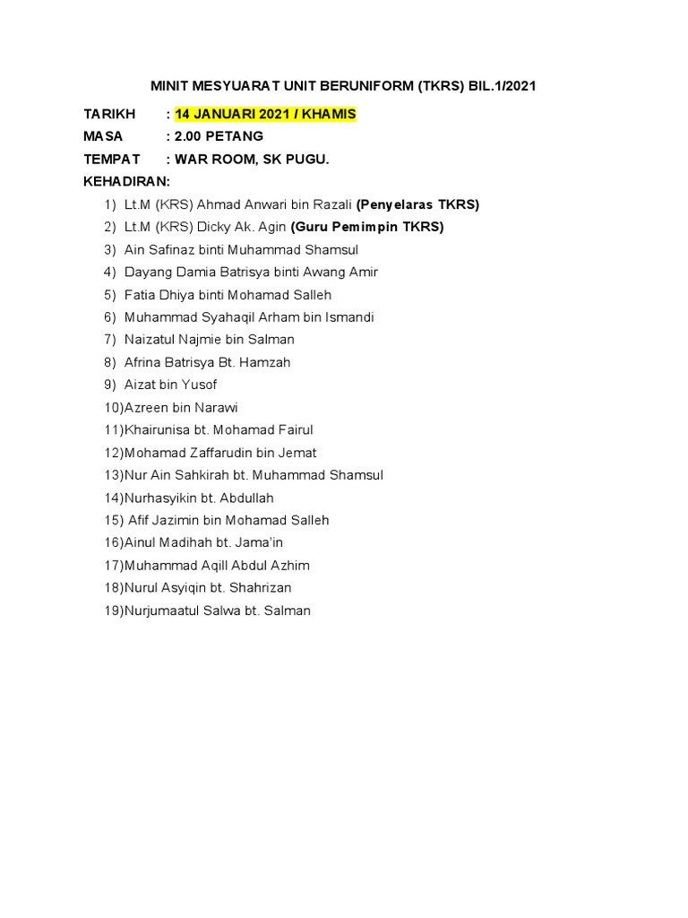 Minit Mesyuarat Unit Beruniform Bil.1 21 | PDF