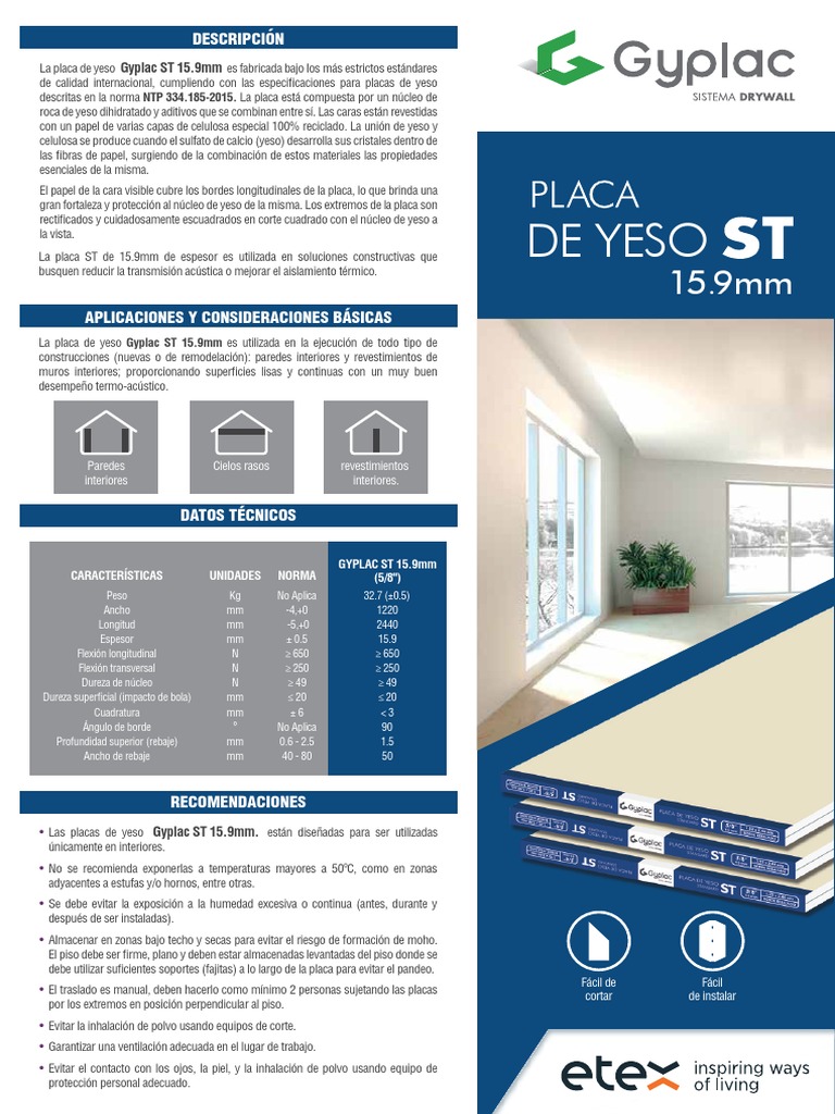 Placa de Yeso Gyplac ST 15.9mm | PDF | Paneles de yeso | Ingeniería de ...