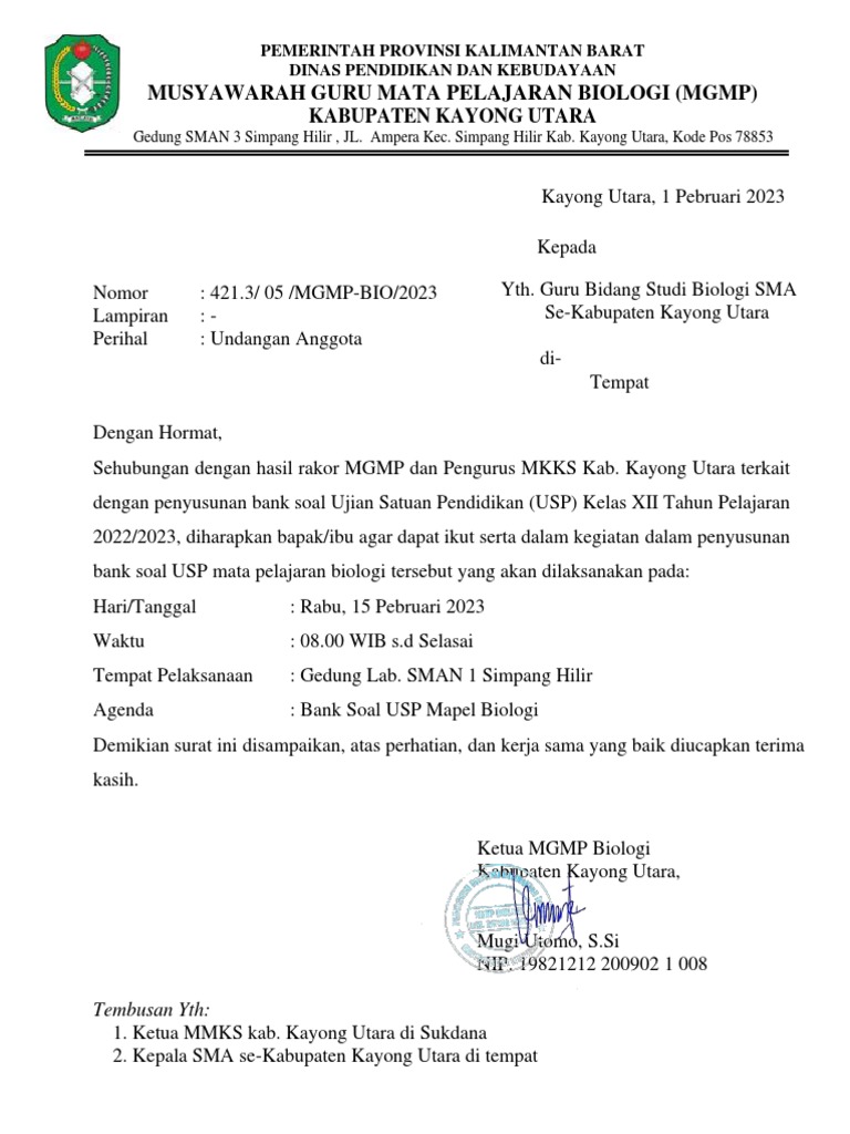 Surat Undangan MGMP 2023-Bank Soal USP | PDF