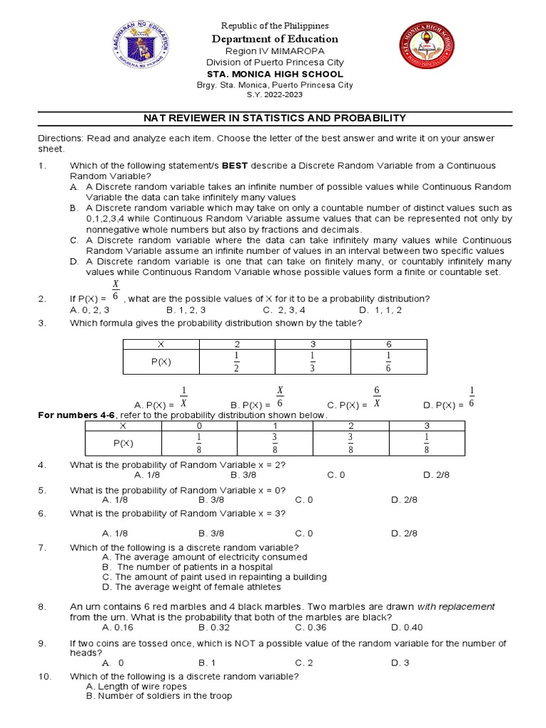 NAT Reviewer Statistics and Probability For Printing | PDF | Standard ...