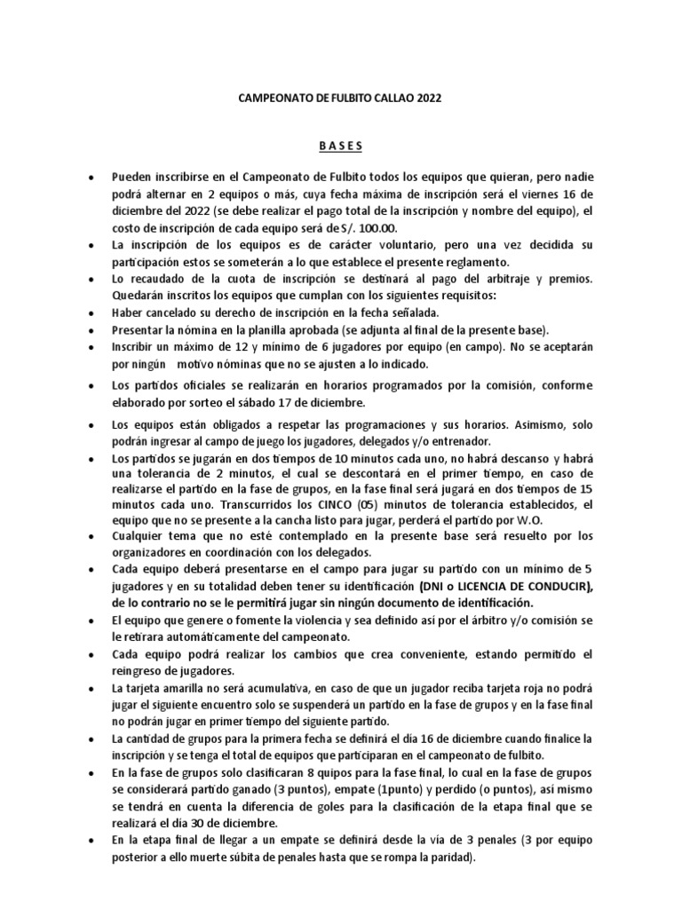 Inscripción Campeonato Fulbito Callao 2022 | PDF | Deportes