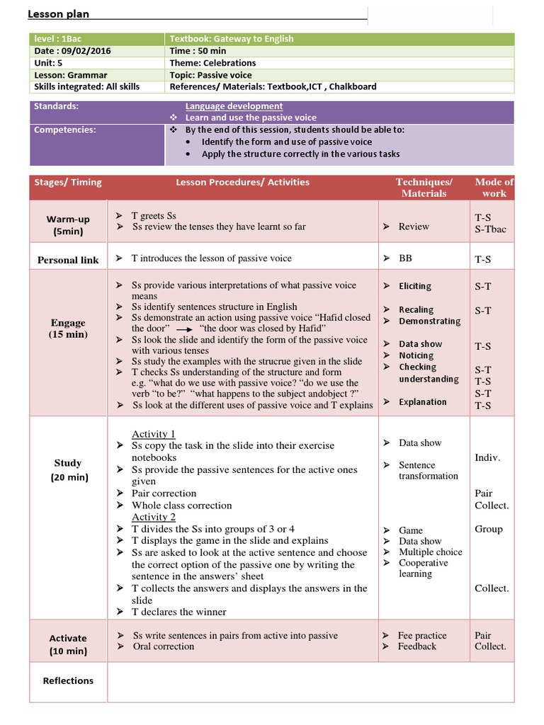 Passive Voice Lesson Plan 1Bac | PDF | Communication | Cognitive Psychology