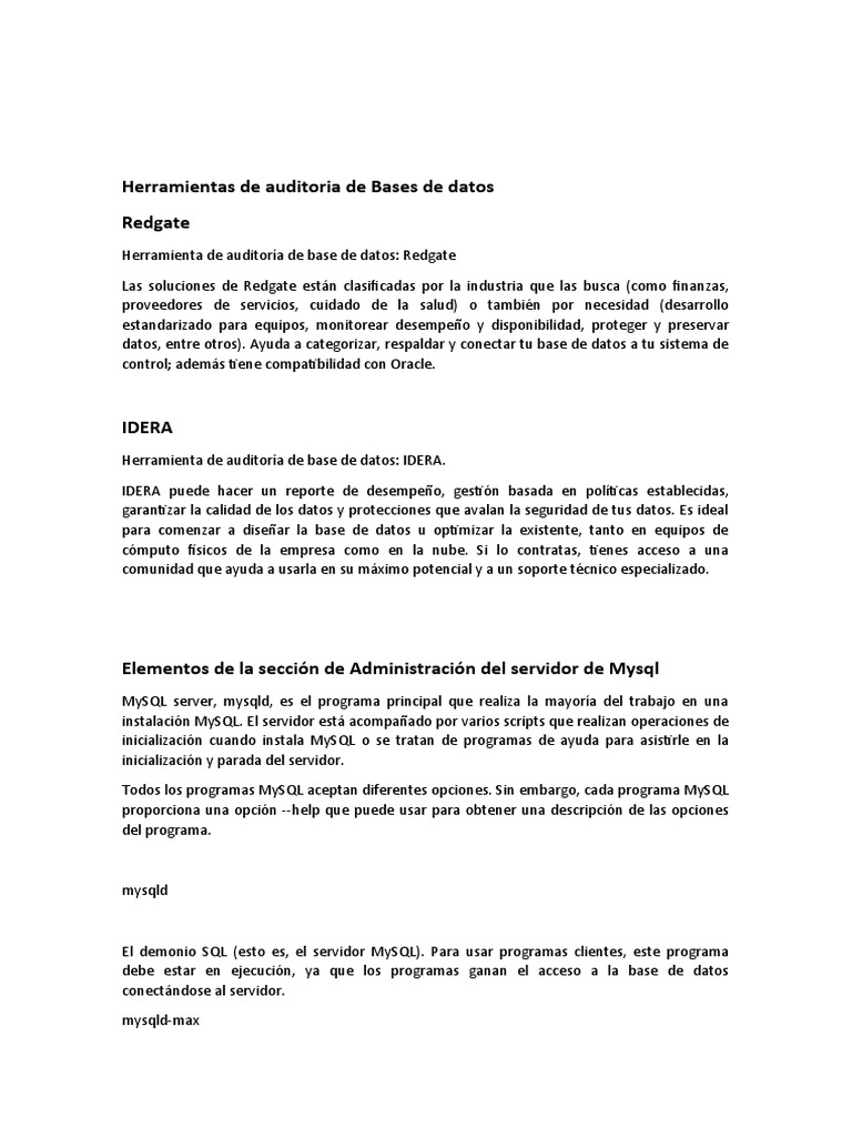 Herramientas de Auditoria de Bases de Datos | PDF | Mi sql | Bases de datos