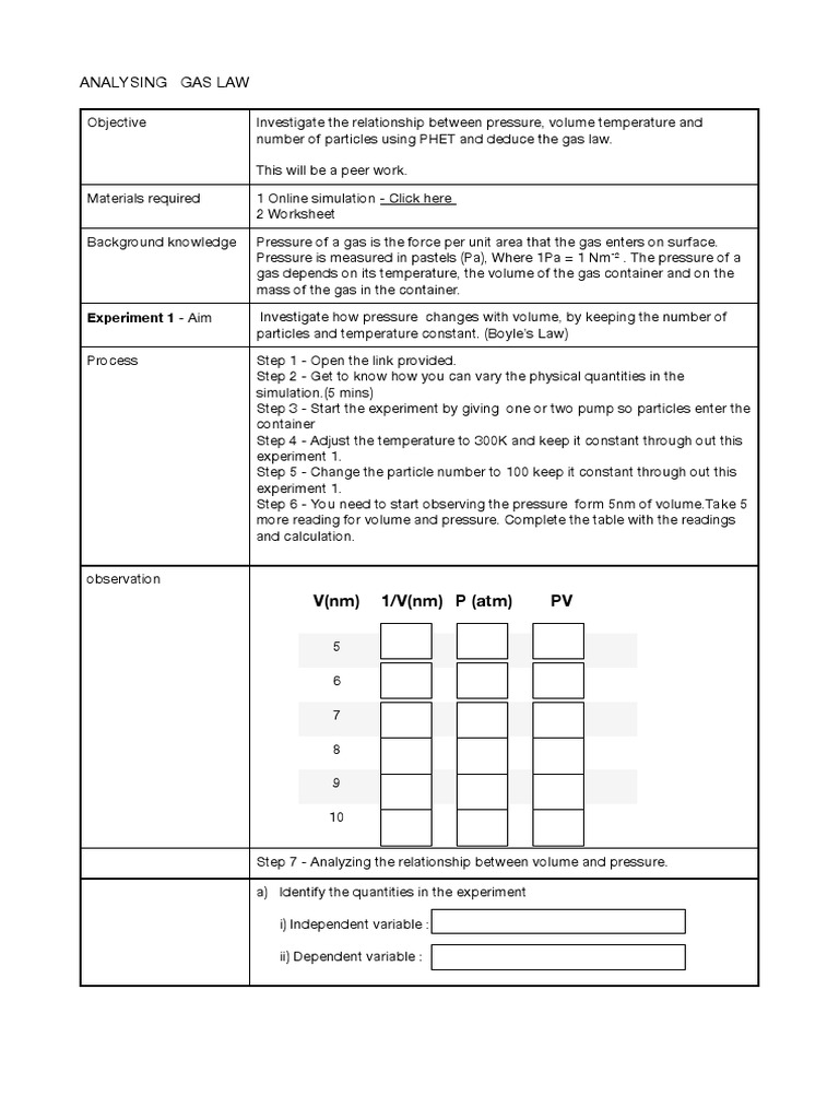 Gas Law - JC 2 Investigation Using PHET - Forms | PDF | Gases | Pressure