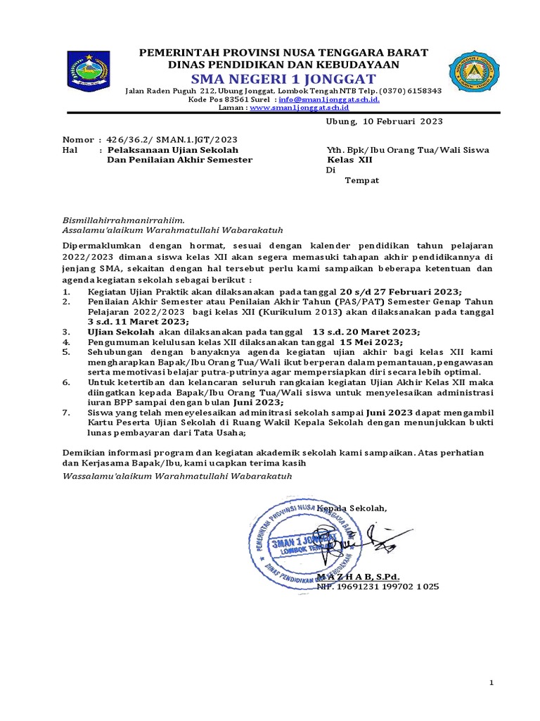 22.surat Edaran Ujian Sekolah | PDF