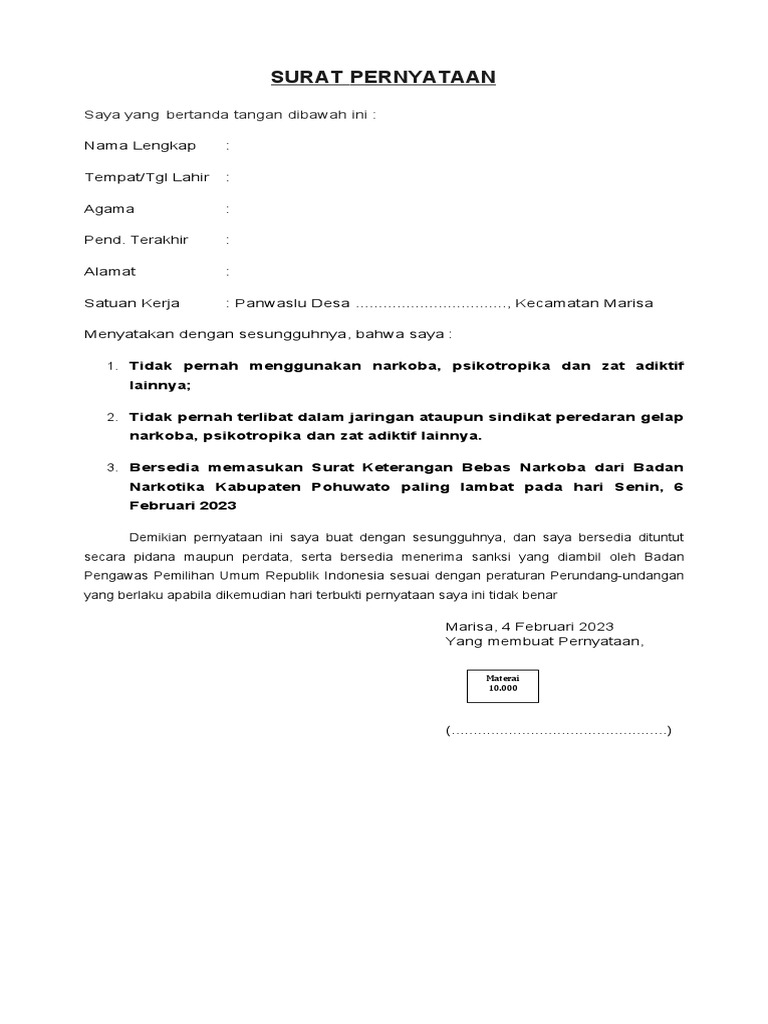 Surat Pernyataan Bebas Narkoba | PDF