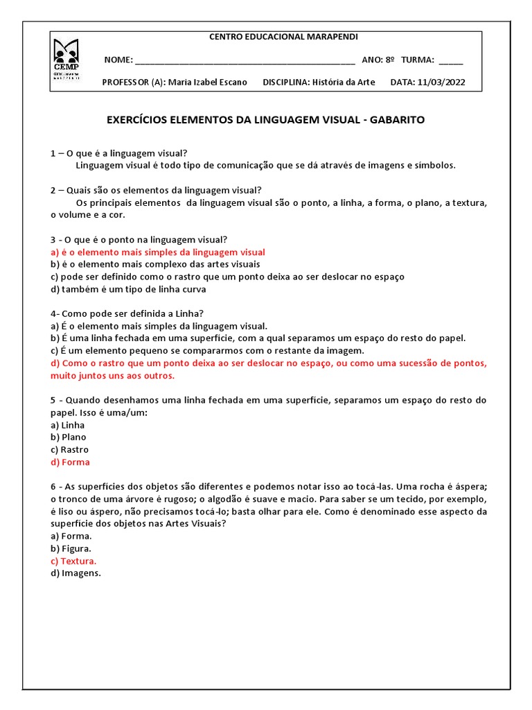 ELEMENTOS DA LINGUAGEM VISUAL Exercicios GABARITO | PDF | Arte abstrata