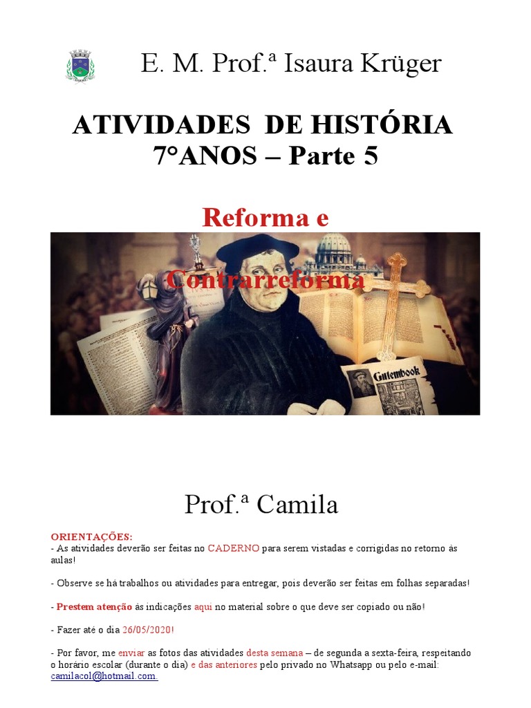 7º Ano Atividade Hist 7 Ano 5 Reforma e Contrarreforma Camila | PDF | Igreja católica | Martinho ...