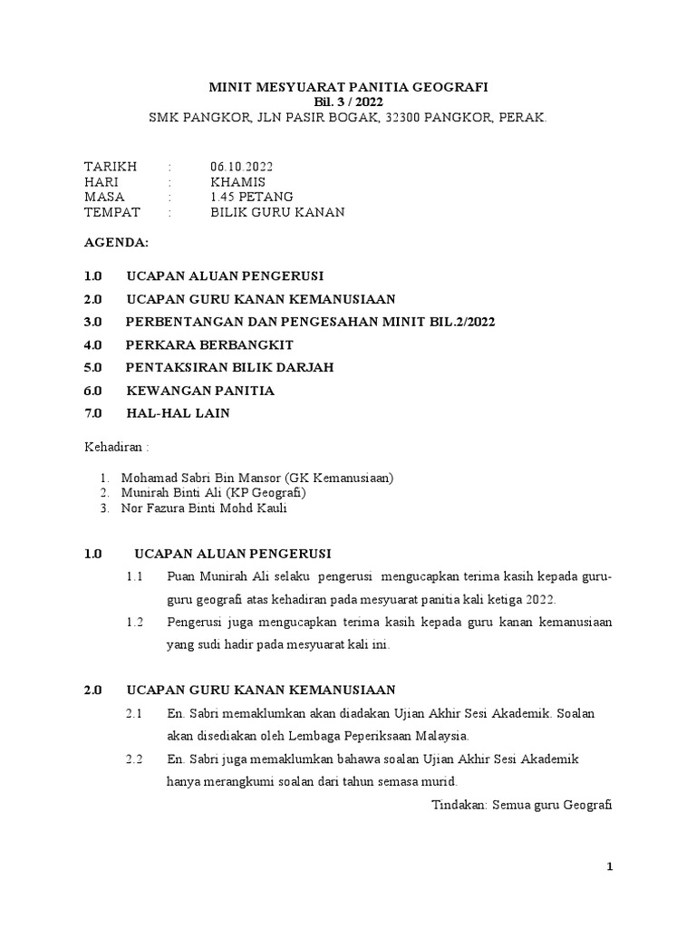 Minit Mesyuarat Panitia Geografi 3 | PDF