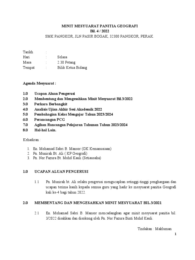 Minit Mesyuarat Panitia Geografi 4 | PDF