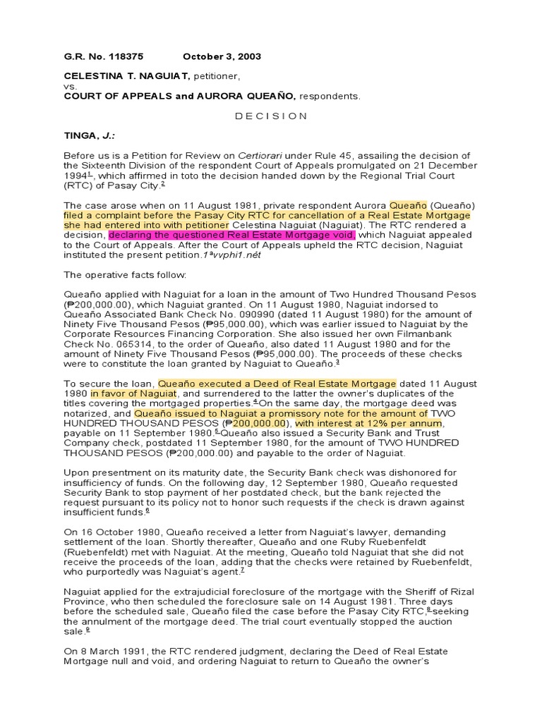 Naguiat v. CA | PDF | Foreclosure | Mortgage Loan