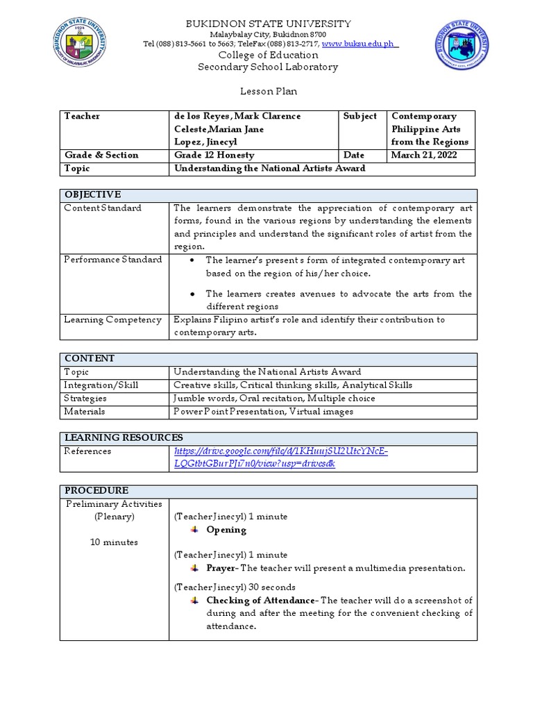 Lesson Plan: National Artists Award | PDF | Learning | Cognition