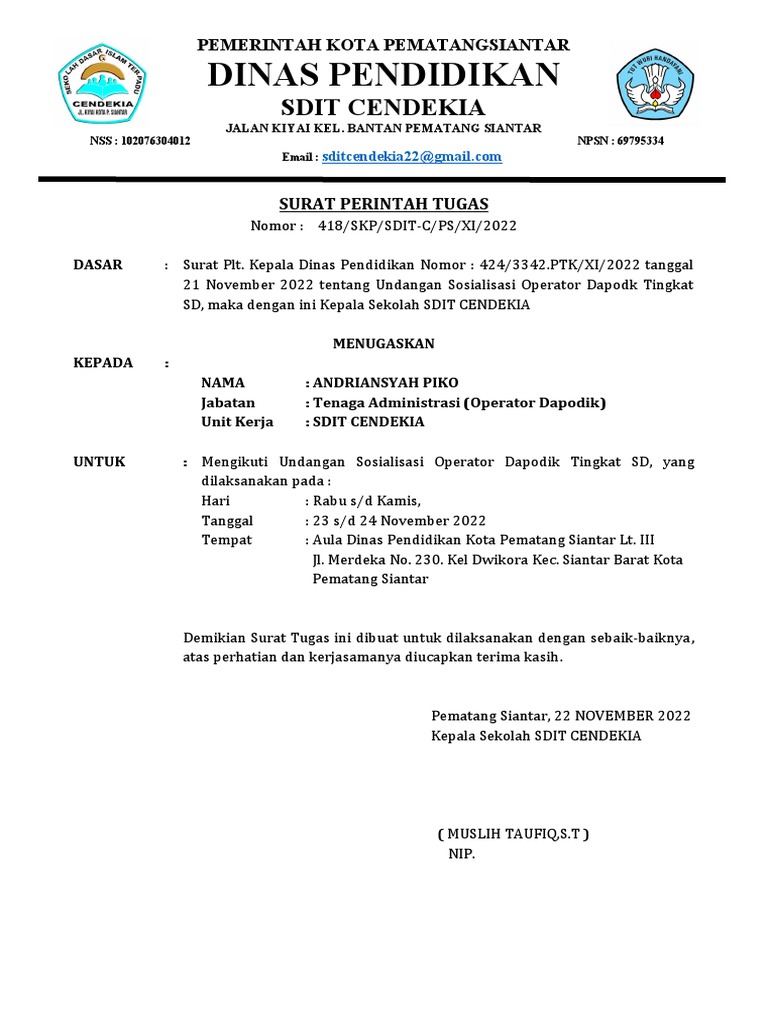 Contoh Surat Tugas Operator Tingkat SD | PDF