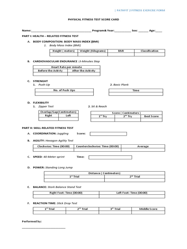 PATHFIT 2 Fitness Test Score Card | PDF