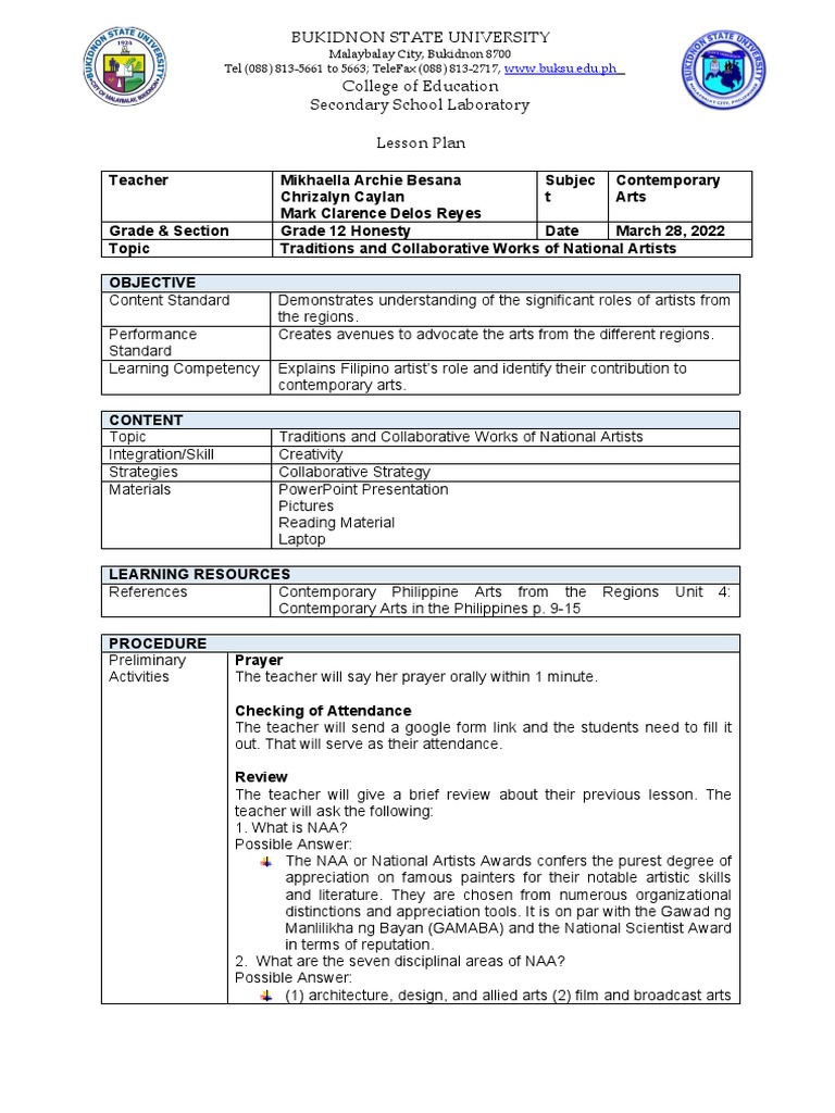 LESSON PLAN Traditions and Collaborative Works of Nat. Artists | PDF ...