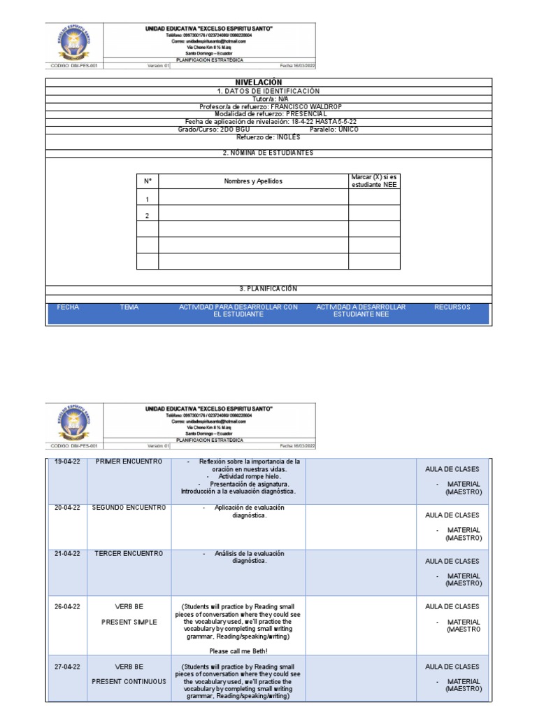 Nivelación Inglés 2do Bgu | PDF