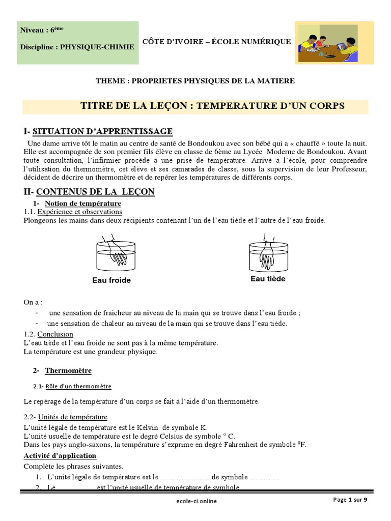 Température d'un corps en 6ème | PDF | Température | Thermomètre