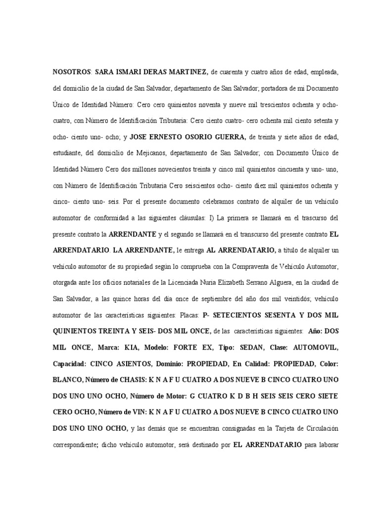 Contrato de Arrendamiento de Vehiculo para Uber - Sara Ismari Deras ...